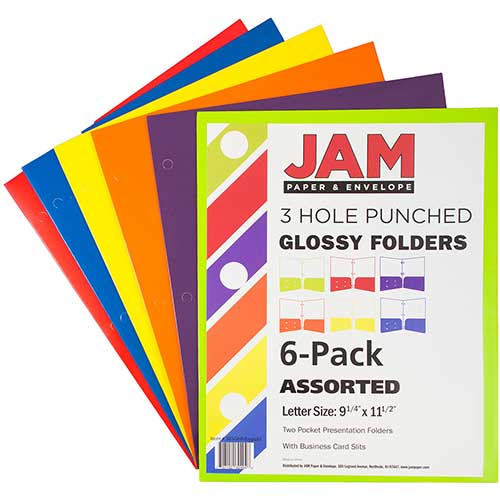 JAM Paper Laminated Two Pocket Glossy 3 Hole Punch Folders, Assorted ...